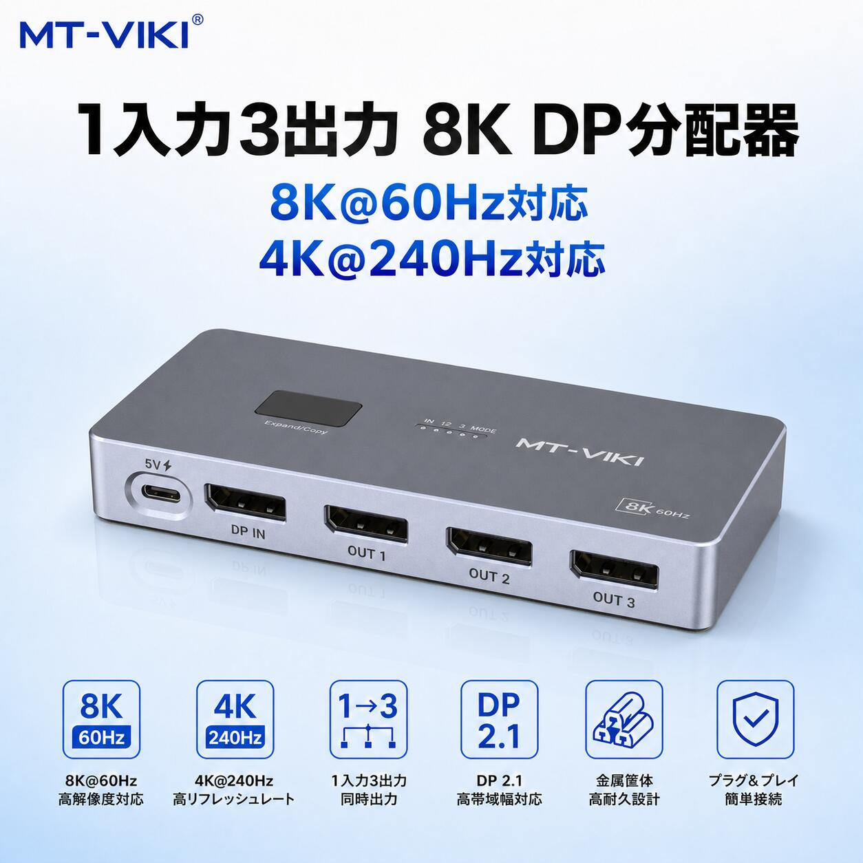 8K DP分配器 1入力3出力 型番：MT-DP183 DP 2.1対応・8K@60Hz・3画面同時出力を1台で実現 8K@60Hz高画質・3画面同時表示・音声同期出力 会議・研修・エンタメに最適なマルチディスプレイ環境 商品の特徴 8K@...