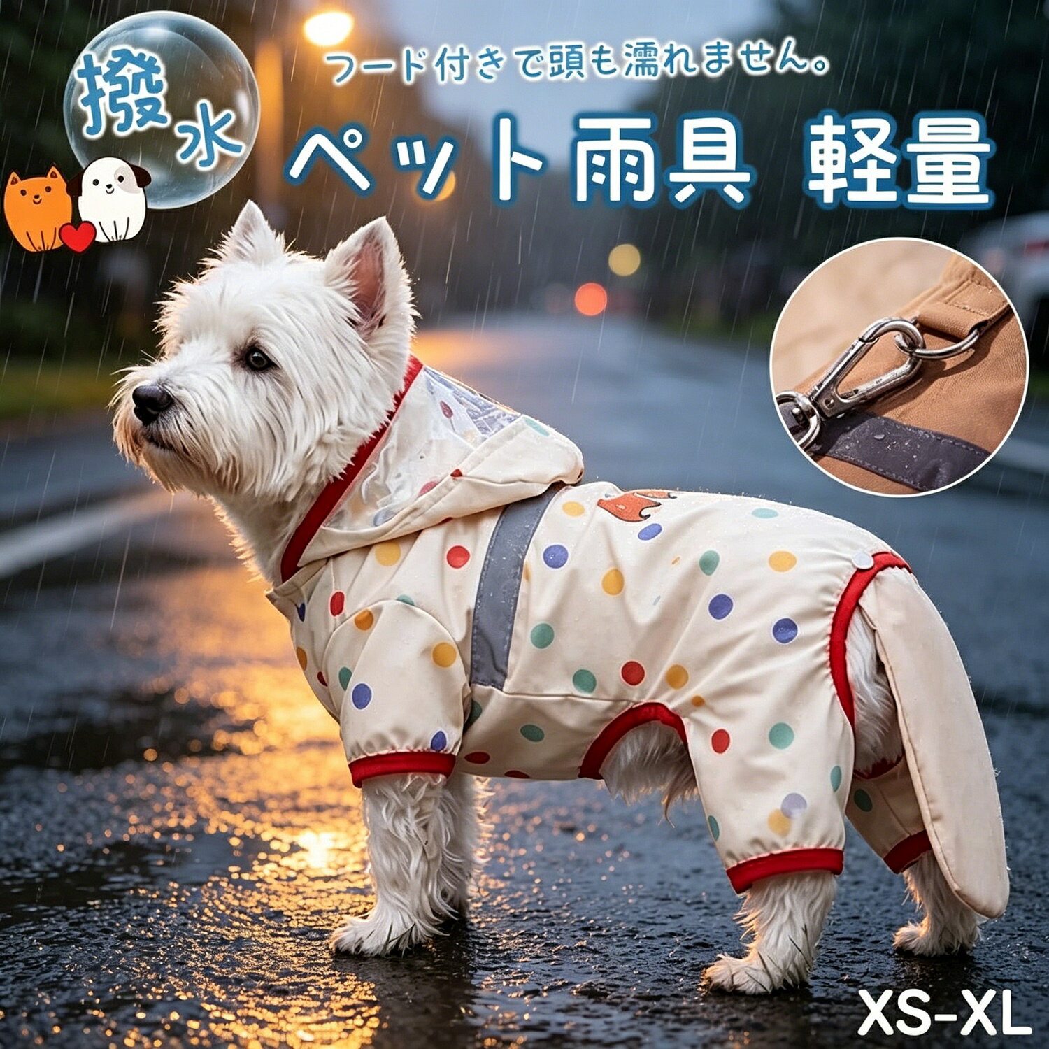 商品詳細商品名：犬用レインコート / ペットレインウェアデザイン：くま柄 / アニマル柄 / カラフル対応：小型犬（チワワ / トイプードル など）特徴：防水素材 / 取り外し可能なしっぽ部分 / 洗濯機対応 / 速乾 / ポリエステル製 ...
