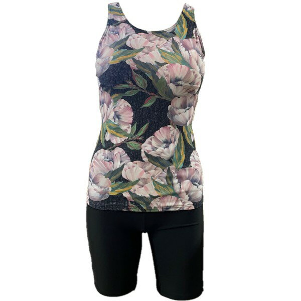 ●レディース フィットネス水着【普通サイズ ~ 大きいサイズ】 ●素材：表地 ポリエステル85% ポリウレタン15% ●柄：デニム花柄 (※総柄のため、柄の出方は1枚1枚異なります。） ●サイズ（目安）：7号（バスト80 / ヒップ82~9...