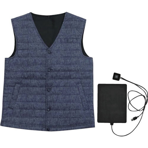取り外し可能ヒーターパッド付き中綿ヒーターベストです。アウターとしても、スーツやジャケットのインナーとしての着こなしもできます。ヒーターパッドを取り外してお洗濯も可能です。 色:デニムブルー。サイズ:LL。着丈(cm):66。胸囲(cm):...