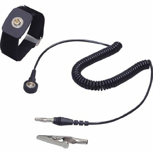 半導体工場・精密機器組み立て作業での静電気除去。マジックテープ式のリストストラップです。 コード有効長(m):3.0。コイル部長さ(cm):28。グランドコード長さ(m):3.0。コード全長(cm):54。バナナプラグ、ワニ口クリップ付。1...