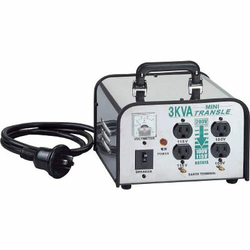 使用機器に適した電圧を作る変圧器です。200V→100V・115Vの降圧専用変換器。 容量(kVA)：3。電流(A)：二次側出力電流：(一時間定格)30A (連続定格)22A。入力/出力(V)：200/100×2・115×2。保護機能：安全...