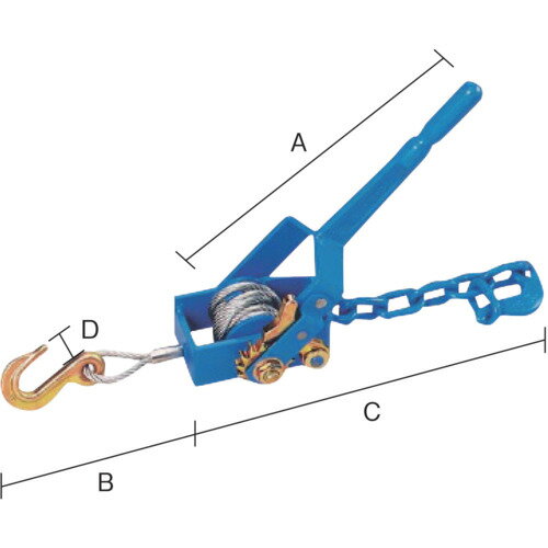 ハンドル操作も軽く、効率のよい荷締めができます。いつまでも美しい焼付塗装です。鍛造ハンドル・ギアカバー付です。 最大使用荷重(t)：0.4。ワイヤ径(mm)：6。ワイヤ長(m)：1.6。寸法(mm)A：235。寸法(mm)B：145〜1.3...