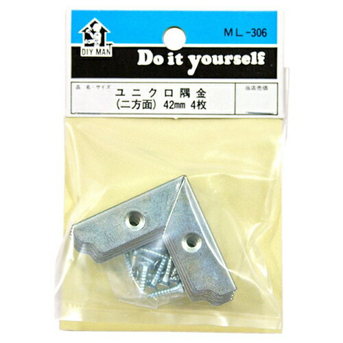 組立棚などの補強金具。 ●組立棚などの補強金具。 ●和気産業のユニクロ隅金 二方面をDCMでは販売しております。その他の補強連結金物も多数取扱っております。 ●材質：鉄、4枚入。 ●サイズ：42mm。