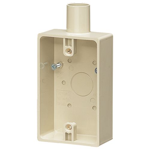 露出スイッチボックスです。(大角形プレートも適合します。) ●1サイズ下のVE管も使用できるスリーブ付です。 ●ボックスの取付絶縁台にはポリ台POW-0813が最適です。 ●未来工業の露出スイッチボックスをDCMでは販売しております。その他...