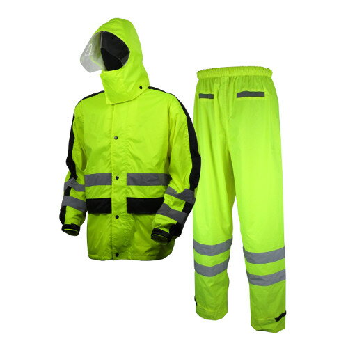 視認性を備えたレインスーツです。 ●蛍光色の生地とスーツ上下に反射帯を備え、昼夜において着用者の存在を明らかにします。 ●背中とパンツのベンチレーションにより、着衣内が蒸れるのを防ぎます。 ●着脱しやすいよう、袖と裾にアジャスターを搭載して...