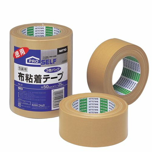 重ねて貼れて手で切れます。 ●宅配便・小包などの包装に。 ●紙箱など角の補強に。 ●結束・仮止め・万能補修用に。 ●ニトムズの布粘着テープ PK27‐2 3巻パックをDCMでは販売しております。その他の梱包シート・ロープも多数取扱っておりま...