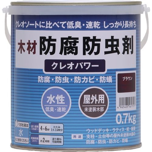 クレオソートに比べて低臭、速乾、長期間保護。 ●用途は、屋外未塗装木部の防腐、防虫、防カビ、防蟻。 ●厳選した薬剤、樹脂、顔料の組み合わせにより、長期間木材を保護します。 ●水性タイプなのでクレオソート油に比べ臭いが少なく安全、乾燥も早い。...