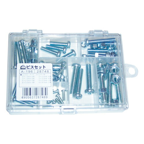 ●材質:鉄。●仕上:ユニクロメッキ。●セット明細ネジ(ナット・ワッシャー付)3x10:8本、3x15:8本、4x20:6本、4x30:4本、5x20:4本、5x30:4本、6x30:3本、6x40:3本。●容器サイズ(mm):縦135x横9...