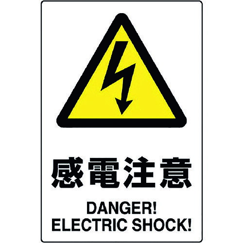 工場、事務所、工事現場等への表示に。 ●JIS規格に準拠した表示ステッカーです。 ●表示内容：感電注意。 ●取付仕様：粘着シール。 ●縦(mm)：150。 ●横(mm)：100。 ●2018年(平成30年)4月20日改正 JIS Z 910...