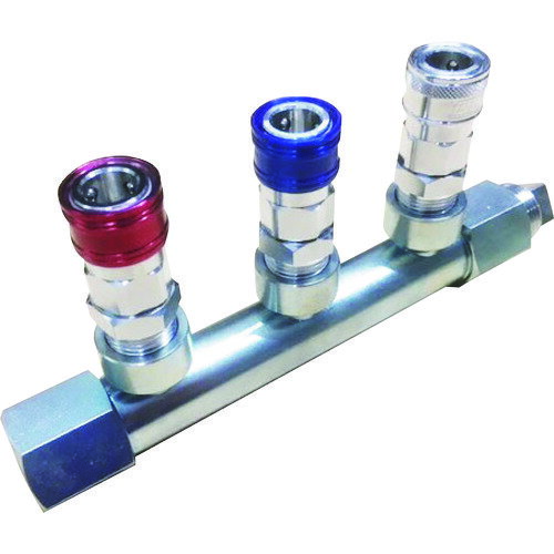 配管から直接3分岐の空気取出口を実現できます。 ●エアー配管から直接、取り出し口を分岐出来ます。 ●取入口:R3/4。 ●分岐数:3。 ●使用流体:空気。 ●色:赤・青・銀。 ●お届け時間の指定は承れません。ご了承ください。 ●色付けは塗装...