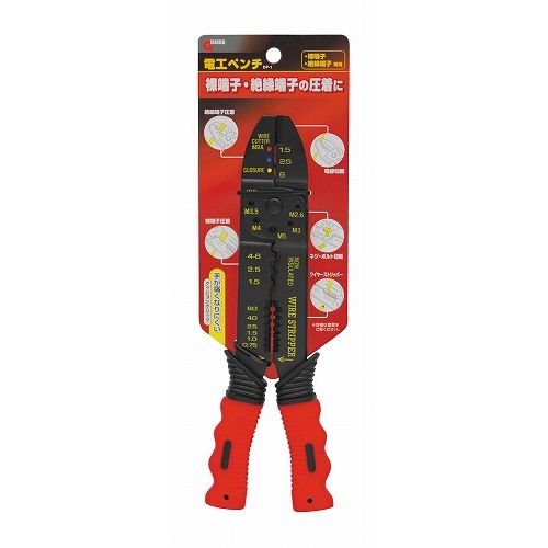 手が痛くなりにくいクッショングリップ ●裸端子・絶縁端子の圧着に ●儀助の電工ペンチをDCMでは販売しております。その他の切断工具も多数取扱っております。 ●H270×W85×D18/240g。 ●本製品は簡易工具です。屋内配線などの重要な...