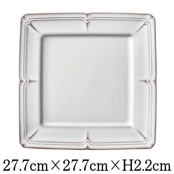 【サイズ】27.7cm×27.7cm×H2.2cm 【カラー】灰白/スモークホワイト　※撮影時の光の加減、モニターの加減により画像と実物の色合いや濃淡が変わります。予めご容赦くださいませ。 【素材】磁器 【取り扱い】電子レンジ○、食洗器○、...
