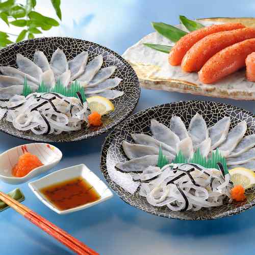 DISM & Co. VISUAL GALLERY ふくの身を熱湯にサッとくぐらせた後、氷水に浸けることにより旨味を閉じ込めた真ふく霜降り刺身とコクのある辛さの辛子明太子を詰め合せにしました。■配送不可地域：離島は配送不可■温度帯：冷凍■ア...