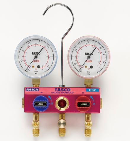 ●マニホールド本体(TA122G) ・ボール弁式開閉バルブ ・ゲージ取付ネジ…1／8NPT ・ホース接続ポート…5／16フレア ・ボールバルブ式マニホールドボディ チャージホース92cm(赤・青・黄　TA132AF) 連成計・圧力計 低圧側...