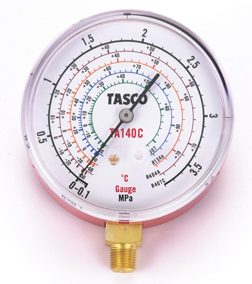 適用高圧側 ■ ゲージ外径80φ（目盛盤75φ） ■ R407C,R404A,R507A,R134a飽和温度目盛付 ■ ゲージ取付ネジ径…1/8″NPT ■ 振動吸収機能付 ■ 0点調整機能付 ■ 検査合格証明書（ロット証明）付 ■ 冷暖兼...