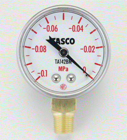 ■ 圧力範囲…0〜ー0.1MPa■ 外径…40φ■ ゲージ取付ネジ径…1/8″NPT（下出し）■ ケース…SUS 304