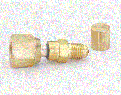 □メタルタッチなので圧力もれがありません。■ 1/4″フレアオス（ムシ付）×5/16″フレアメス（ムシ押付）■ R410A機器の耐圧・気密試験用に。