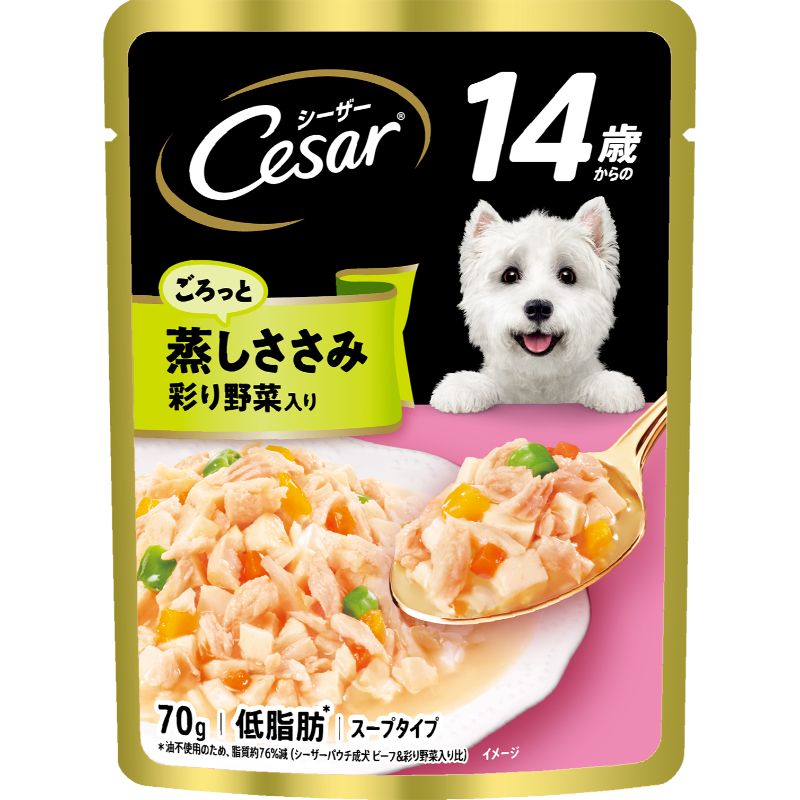 いつものごはんに もっとおいしさと喜びを・高齢犬にも食べやすく、ささみを細かくほぐしました。・グルコサミン配合で、足腰の健康維持をサポートします。・低脂肪なささみを蒸しておいしく低カロリー*に仕上げました。(*シーザーパウチ成犬 ビーフ＆彩...