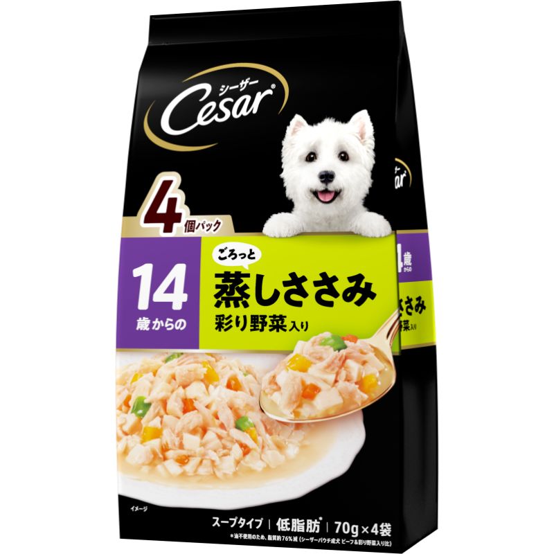 14歳からの愛犬のために。低脂肪なささみをふっくら蒸して、低カロリー※に仕上げました。厳選されたささみに彩り野菜を加えて、丁寧に調理し、素材のおいしさをそのまま閉じ込めました。高齢犬にも食べやすく、ささみを細かくほぐしています。グルコサミン...