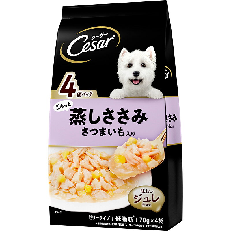 ・低脂肪なささみをふっくら蒸して低カロリー＊に仕上げました。(＊シーザーパウチ成犬 ビーフ＆彩り野菜入り比19％減)・厳選されたささみにさつまいもを加えて、丁寧な調理で素材のおいしさをそのまま閉じ込めました。※こちらはお取り寄せの商品のため...