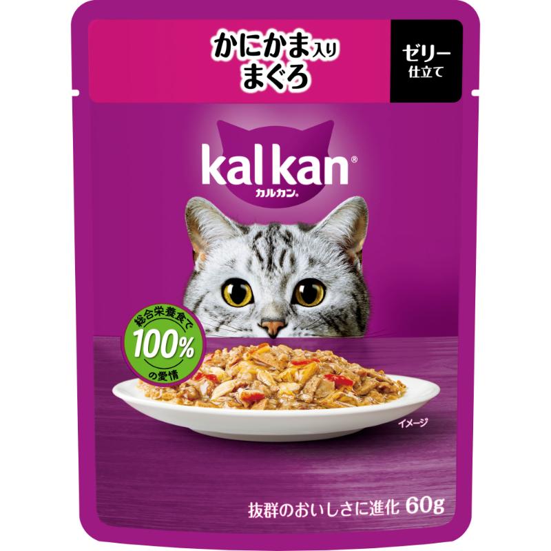 ・抜群のおいしさに進化！厳選されたまぐろにかにかまを加えカルカン特製だしで煮込み、ジューシーなゼリー仕立てにしました。・1歳以上の猫に必要な栄養素がバランスよく含まれた総合栄養食です。［給与方法］・本製品には、成猫に必要な栄養がバランスよく...