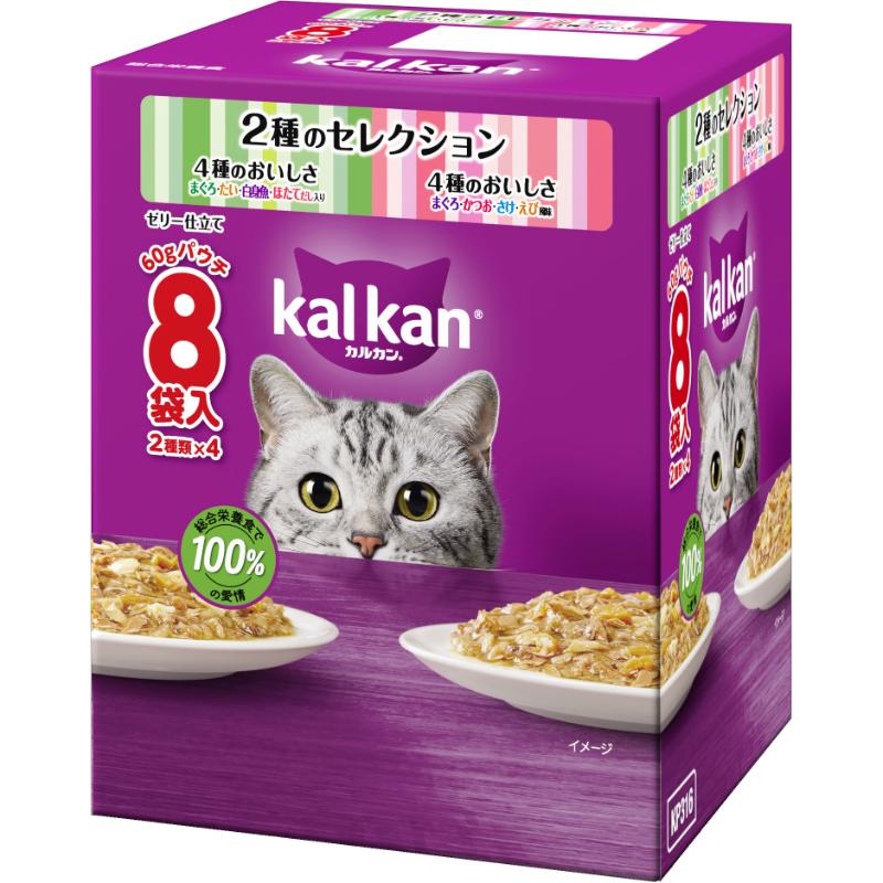 ・人気の2種類の味セレクション。・各種バラエティをカルカン特製だしで煮込み、ジューシーなゼリー仕立てにしました。・1歳以上の猫に必要な栄養素がバランスよく含まれた総合栄養食です。［給与方法］・本製品には、成猫に必要な栄養がバランスよく含まれ...