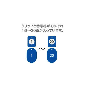 クリップ+番号札。20番単位で購入できます。サイズクリップ:W33×D46×H27mm、番号札:W40×D60×H2.7mm個装サイズ：13×21×3cm重量16.7g個装重量：377g素材・材質番号札:再生樹脂クリップ:樹脂仕様1〜20番...
