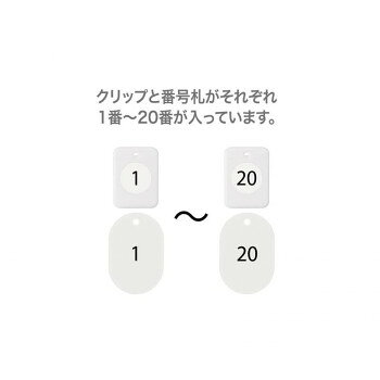 クリップ+番号札。20番単位で購入できます。サイズクリップ:W33×D46×H27mm、番号札:W40×D60×H2.7mm個装サイズ：13×21×3cm重量16.7g個装重量：377g素材・材質番号札:再生樹脂クリップ:樹脂仕様1〜20番...