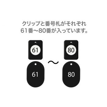 クリップ+番号札。20番単位で購入できます。サイズクリップ:W33×D46×H27mm、番号札:W40×D60×H2.7mm個装サイズ：13×21×3cm重量16.7g個装重量：377g素材・材質番号札:再生樹脂クリップ:樹脂仕様61〜80...