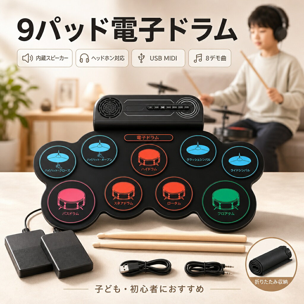 【リアルな演奏感を再現する9パッド設計】 スネア、タム、シンバル、バスドラムなど9種類の感応パッドを搭載し、本格的なドラム演奏感を再現。折りたたみ可能で収納・持ち運びにも便利です。 【内蔵スピーカー＆ヘッドホン対応】 スピーカー内蔵でそのま...