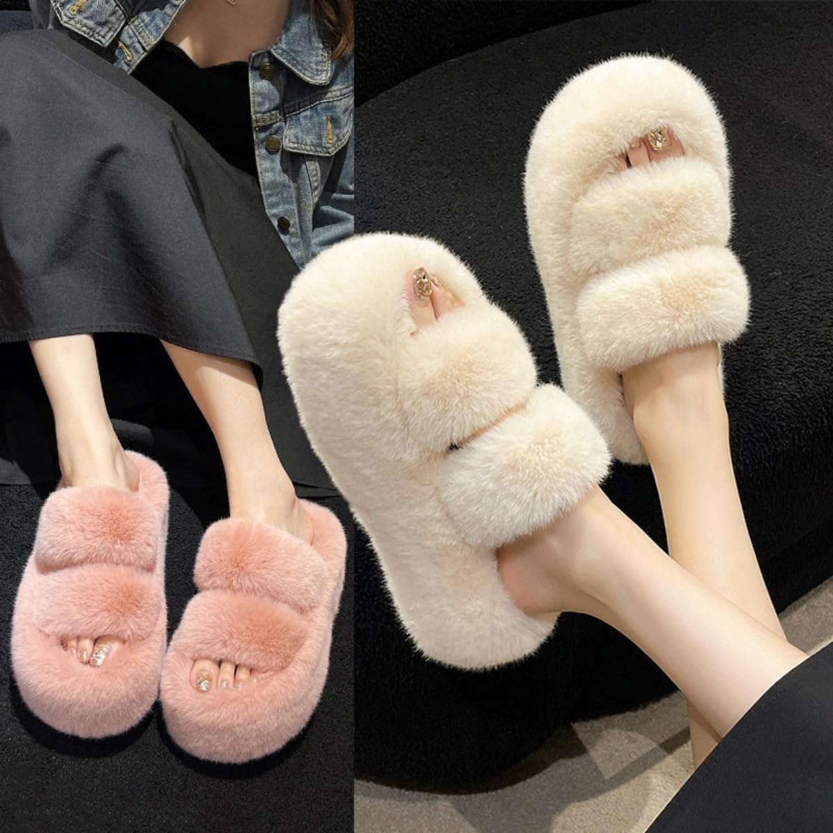 この商品について 素材：ファー カラー:ブラック、ベージュ、ブルー、ピンク、ブラウン、ライトブラウン 快適な履き心地：肌触りのことを考えて、内側までも合繊でモコモコした贅沢なお作りです。足全体がふわふわに包まれ、素足で履くのがおすすめ！靴下...