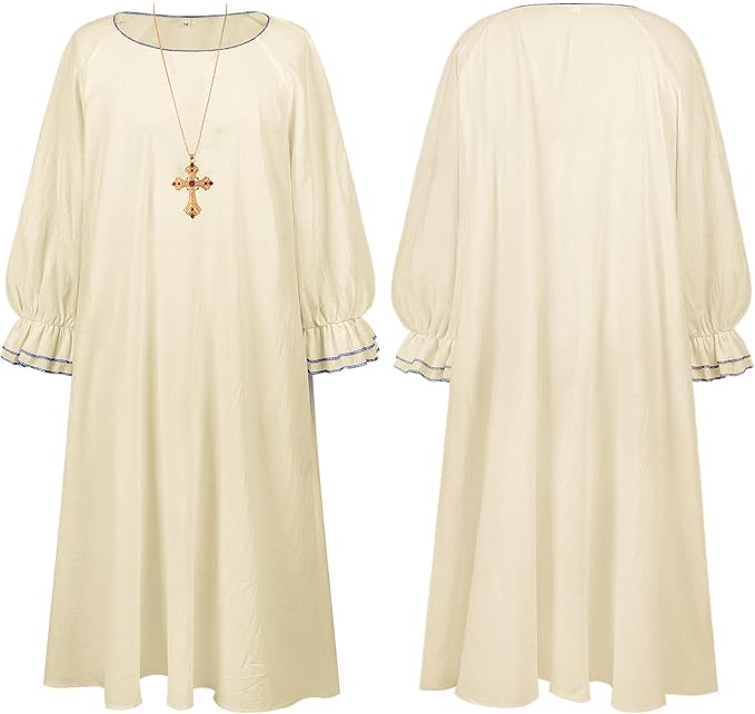この商品について デザイン: 長袖フリルデザインのクレリカルローブ、裾まで優雅に広がるAラインシルエット、袖口には装飾的な二重フリル付き セット内容: ローブ本体と装飾的なゴールドカラーのクロスペンダントのセット、コーディネートが簡単 サイ...