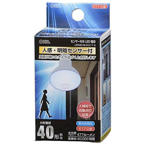 40形昼光色/E17/LDR4D-W/S-E17 9・Color:昼光色Size:E17Style:40形・パッケージ個数:1・【 特 長 】 ● 人が近づくと自動点灯、人感・明暗センサー付きLED電球 ● 周囲が暗いとき人が近づくと点灯し...