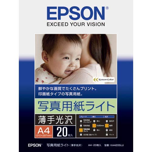 用紙単品ホワイト/A4 20枚/KA420SLU・Size:A4 20枚Style:用紙単品・パッケージ個数:1・厚さ:0.20mm写真用紙ライト(薄手光沢) A4:20枚 エプソンならではの写真高画質をそのままに、気軽にプリントできる写真...