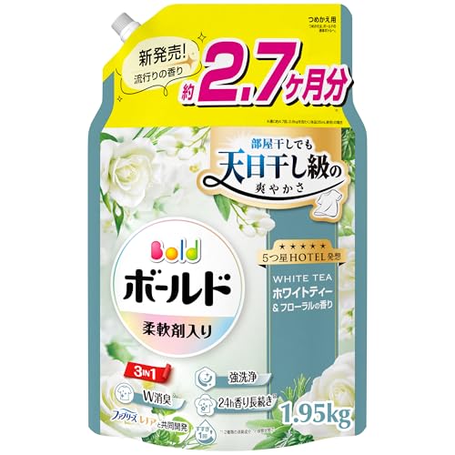 -/メガジャンボ/-・PatternName:詰め替え 1950g・パッケージ個数:1・??新しい洗濯洗剤のボールドジェルは部屋干しでも天日干し級の爽やかさ・??3IN1で強洗浄+W消臭+24h香り長続き・??心弾けるホワイトティー&フロー...