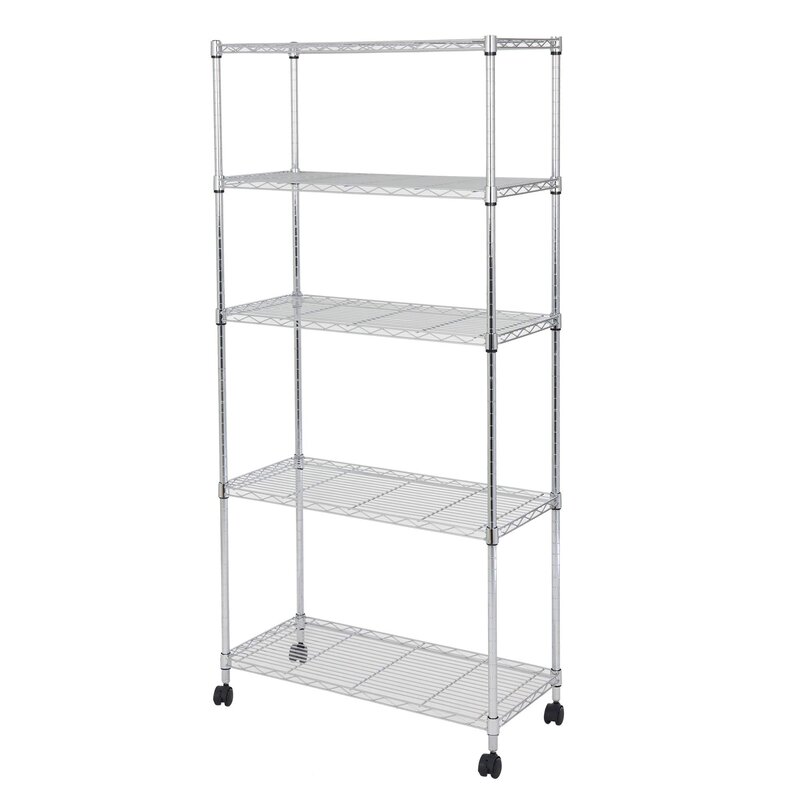 本体サイズ（約）:74.5×奥行34.5×高さ154cm（棚板有効内寸：幅68×奥行28cm） 素材:シェルフ(棚)・ポール:スチール(クロームメッキ) スリーブ:ABS樹脂 棚耐荷重:80kg 全体耐荷重:400kg セット内容:棚板×5...