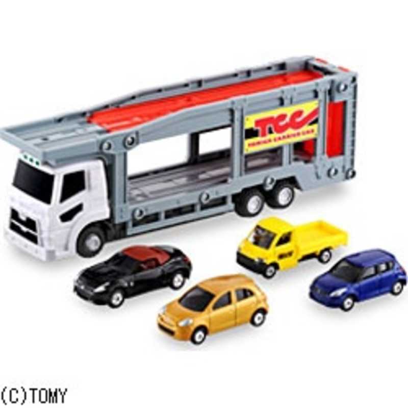 トミカを搭載できるキャリアカーが登場!トミカ4台付きです。(C)TOMY【セット内容】キャリアカー×1、トミカ本体×4（トヨタ　タウンエース、スズキ　スイフト、日産　マーチ、日産　フェアレディZ　ロードスター）