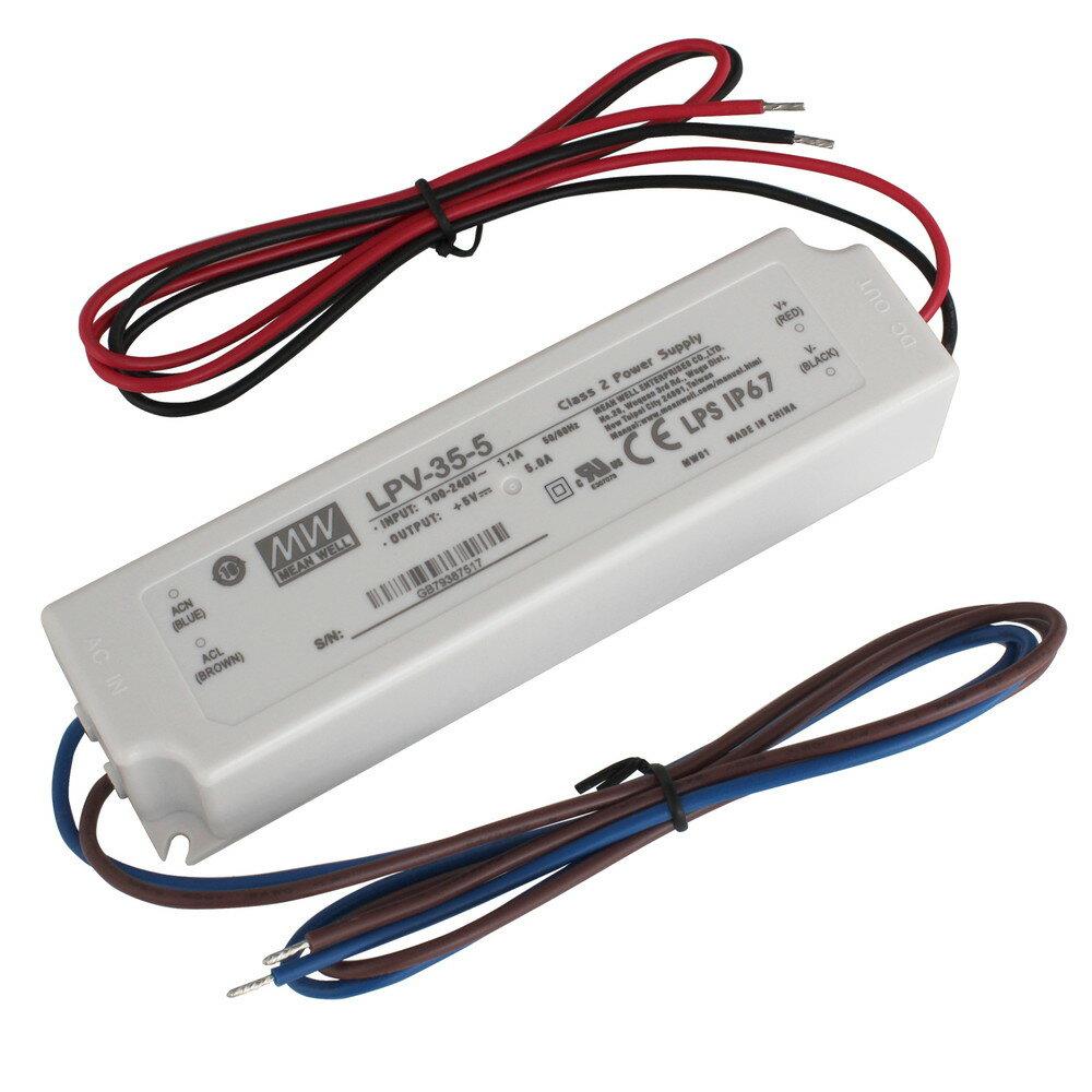 型番：LPV-35-5 入力電圧：90～264VAC 47-63Hz 出力電源：5V 定格電流：5A 最大出力：30W 防水：IP67
