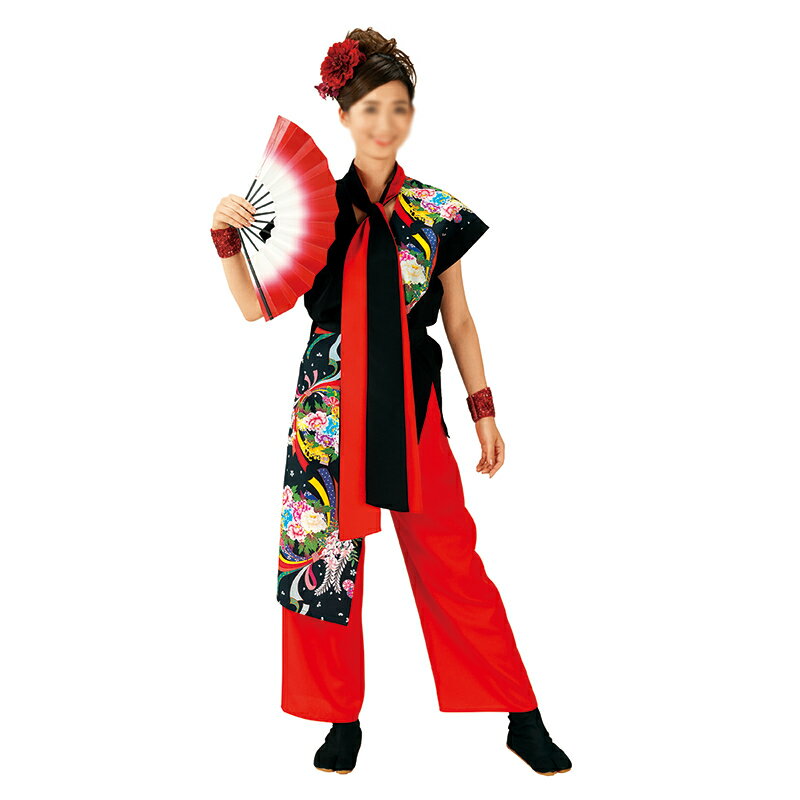 よさこいコスチューム・よさこい衣装 主素材　：　ポリエステル100% セット内容 　★上衣のみ（腰紐付き） サイズ 身丈 身巾 M 70cm 56cm L 76cm 60cm 使用しているパンツは、こちらへどうぞ。 使用している前掛は、こち...