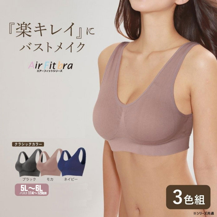 ほかのエアーフィットはこちらから！fk094igrjs「楽キレイ」にバストメイクし、美姿勢になるブラジャーです。毎日着けたくなる優しい着け心地!寝ている間も美バストキープでき、後ろ姿がキレイに見えます。ブラック・モカ・ネイビーの3枚セットの...