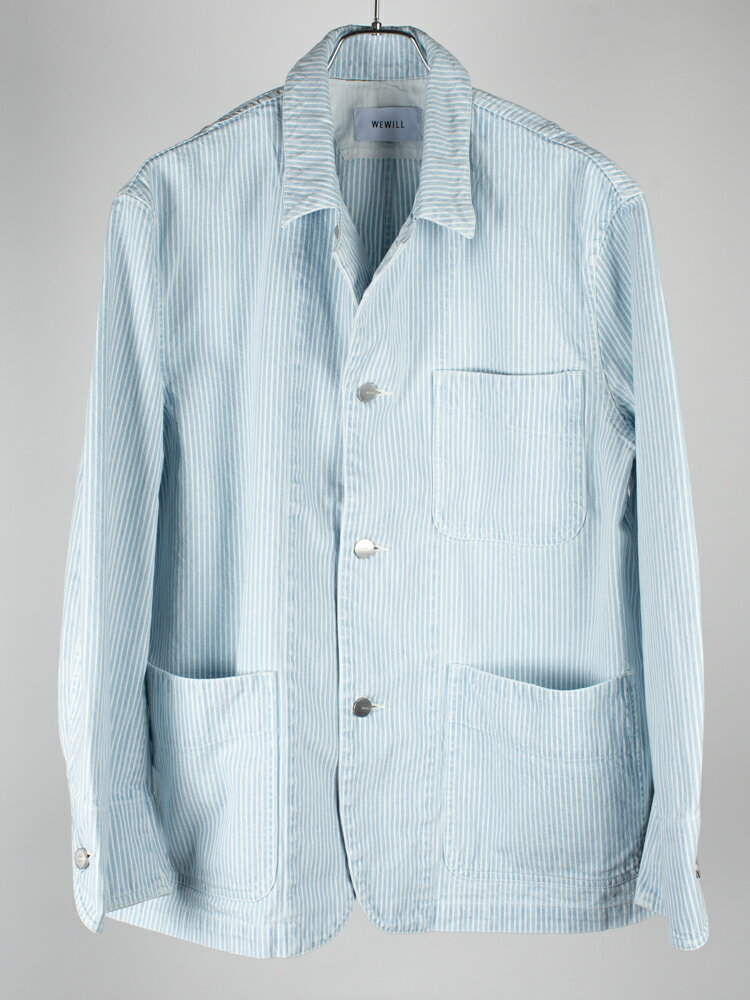 商品説明 ブランド:WEWILL モデル名:COVERALL JACKET カラー:ライトブルー×ホワイト 素材:コットン100% サイズ:1: 肩幅50cm 脇下身幅58cm 着丈71cm 袖丈60cm 2: 肩幅52cm 脇下身幅61c...