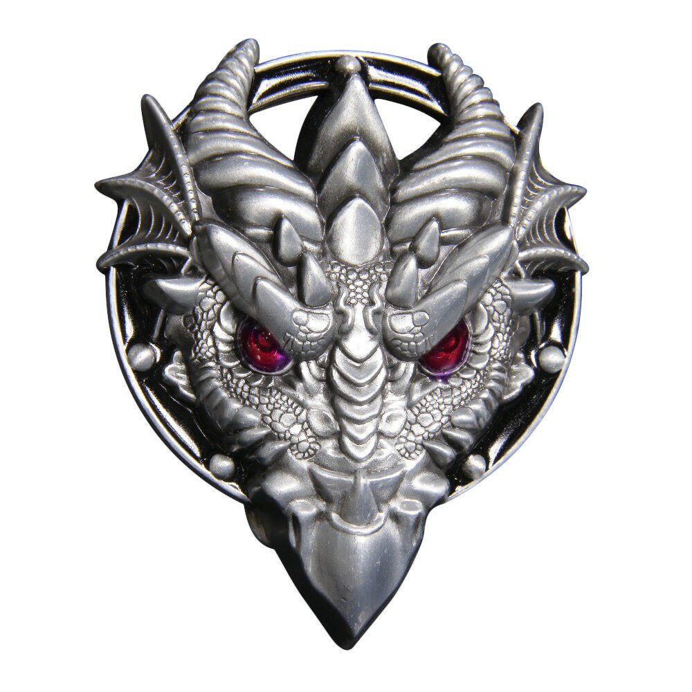 ベルトバックル 美錠立体感のあるドラゴンの頭が特徴のバックル丸いバックルから飛び出すような立体感のある造りのドラゴンの顔のベルトバックルです。角の凹凸やウロコの模様まで細かくデザインされており、また赤くツヤのある目と顔の周りは、エナメル調の...