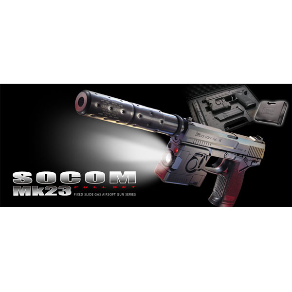 ガスガン ソーコムMk23 TOKYO MARUI「東京マルイ ガスガン SOCOM Mk23 フルセット 固定スライド ソーコム」ソーコム マーク23の初期型を、サイレンサーやLAM（ライト アタッチメント モジュール）とともにガスガンの...