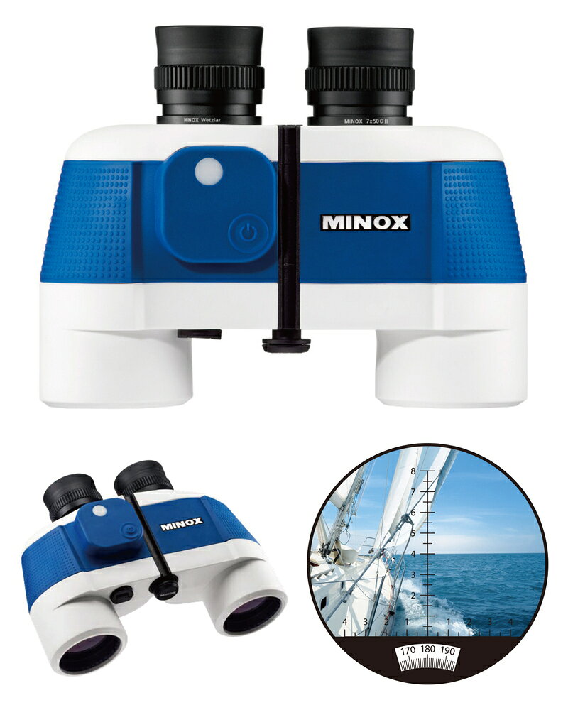 双眼鏡 MINOXSUUNTO社製アナログコンパス搭載ミノックス(MINOX)の海上用双眼鏡。●対象物までの距離、対象物の高さ・長さが測定可能レチクル●50mm大口径対物レンズで明るく、低光下でも見やすい●ミノックス独自コーティングレンズに...