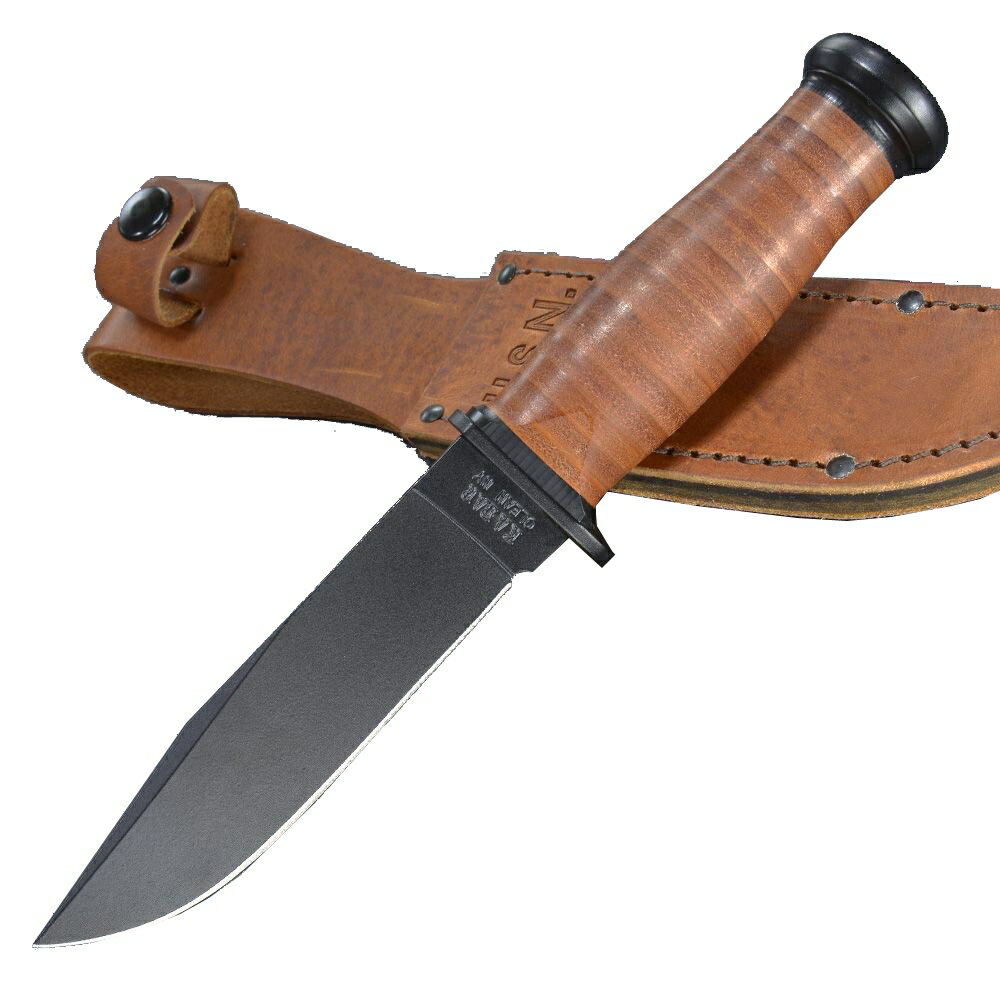 アウトドアナイフ ケーバーレザーワッシャーハンドルが特徴的なケーバーのアウトドアナイフアメリカのナイフメーカーKA-BAR(ケーバー)のレザーシース付ナイフ MARK I。硬度、耐摩耗性のある1095炭素鋼のブレードにエポキシパウダーのコー...