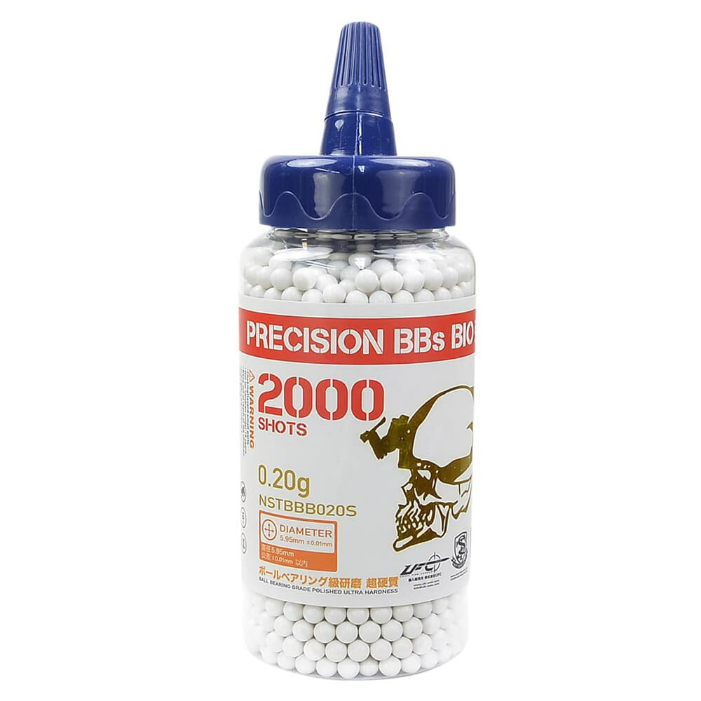 S&Tアーマメント バイオBB弾 直径5.95mm安定した弾道と使い勝手をS＆T製「NEW PRECISION」シリーズの0.2gバイオBB弾、手軽に持ち運びができる2000発ボトル入りタイプです。ボールベアリング製造工法による高精密加工を...