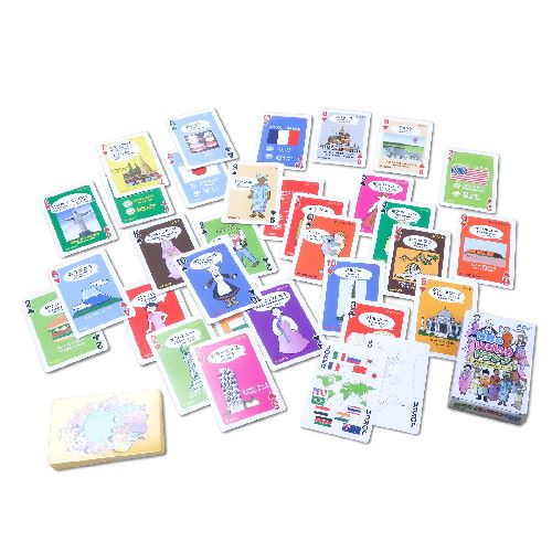 国名や国旗、首都や通貨などの基本的な情報に加え、あいさつや名所、民族衣装などの文化も学べます。 載っている国は13カ国！世界の13か国がトランプに！目で見て遊んで楽しんで学べる！■カード：56×86mm