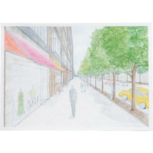 画面の中央に消失点を設定した一点透視用シートです。外枠と中央の十字線に5mmピッチの目盛がついていますので、上下・左右(水平線)の平行が取りやすくなっています。■サイズ：210×297mm