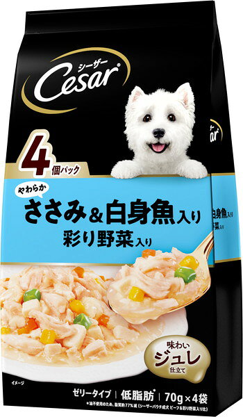■いつものごはんに　もっとおいしさと喜びを ・低脂肪なささみをふっくら蒸して低カロリー*に仕上げました。 ・丁寧な調理で素材のおいしさをそのまま閉じ込めました。 (*シーザーパウチ成犬 ビーフ＆彩り野菜入り比29%減) 【原材料】 肉類(鶏...